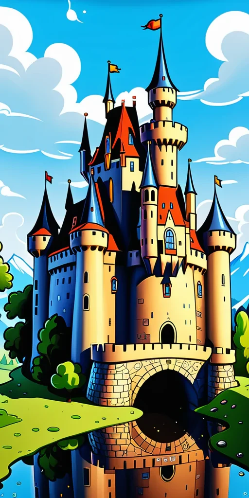 Whimsical Castle Surrounded by Lush Greenery Under a Bright Blue Sky