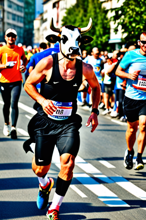 Man with cow head running at the marathon of Belgrade together with all ...