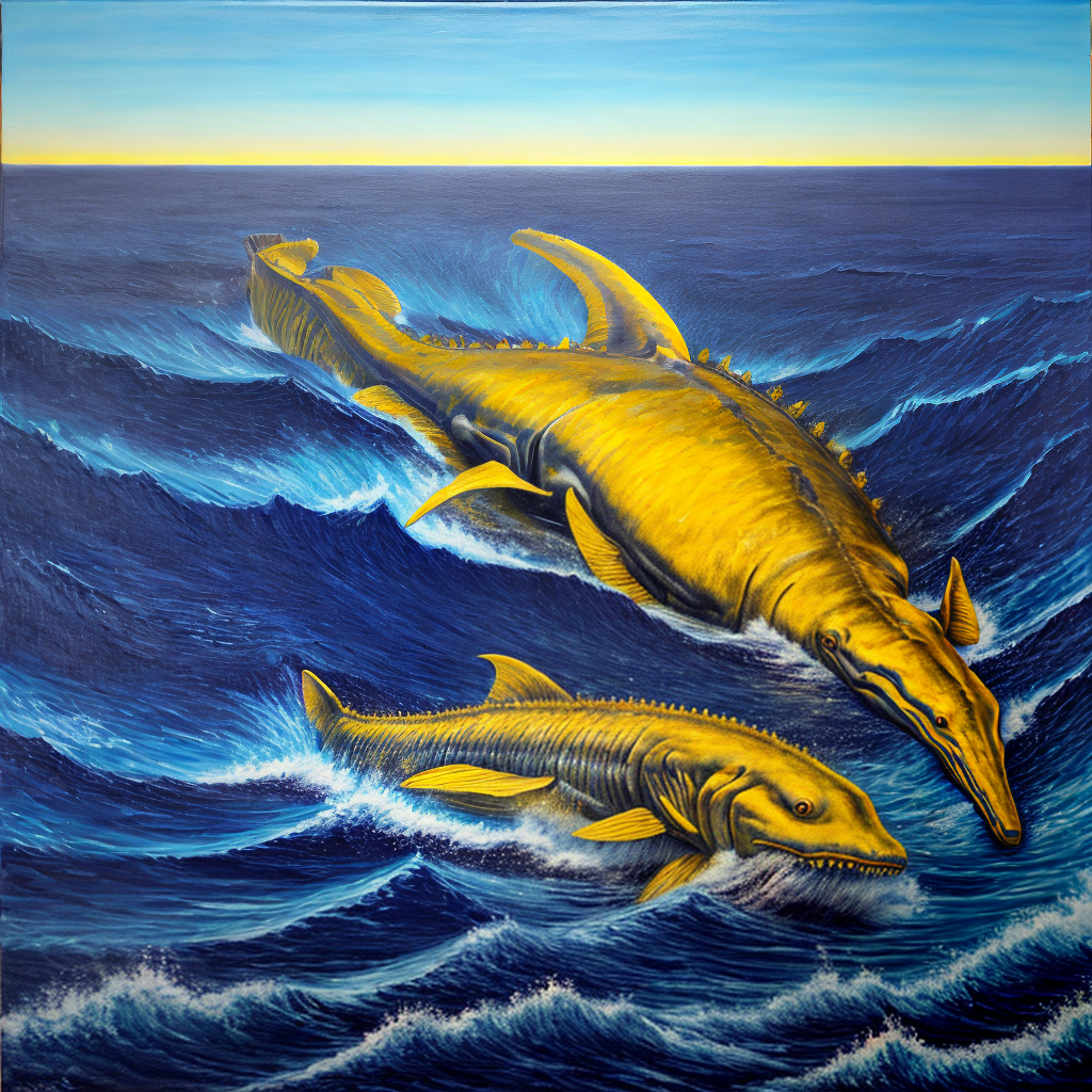 an oil painting portrait of huge blue Leviathan with yellow eyes in the sea