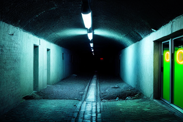 liminal space quiet underground neon light gloomy