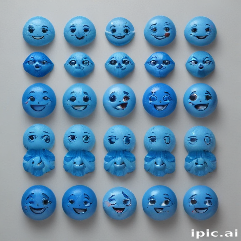 Collection of Playful Blue Emoji Faces with Various Expressions and Designs