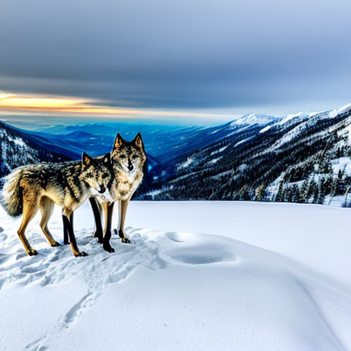 two wolves, one black and one red. standing at the edge of a moutain ...