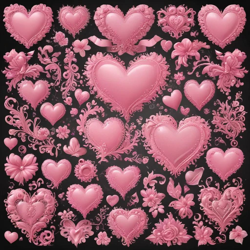 Elegant Collection of Pink Hearts and Floral Designs on a Dark Background