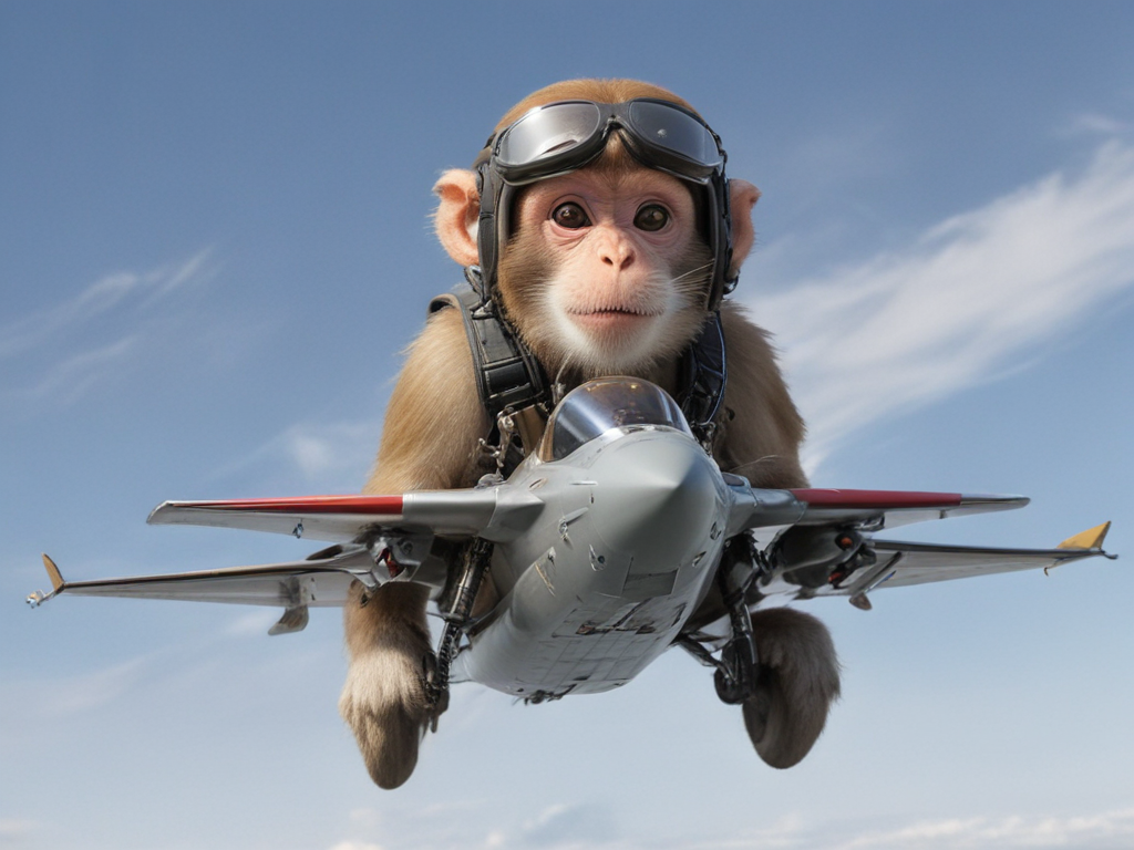 Monkey pilot riding jet with no background