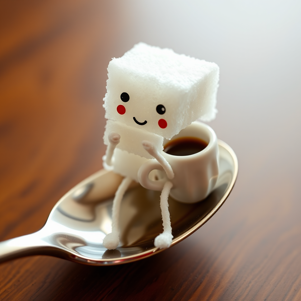 A Cute Sugar Cube Character Enjoying a Tiny Coffee Cup on a Spoon