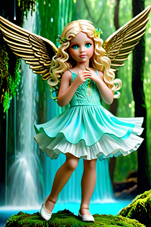 kupie doll looking angel with wings playing under a bright blue green ...