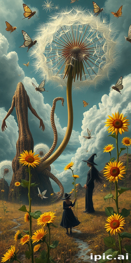 Enchanting Landscape with a Giant Dandelion and Mysterious Figures in ...