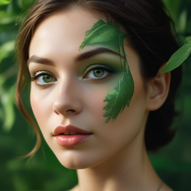 Captivating Portrait of a Woman with Leaf-Inspired Makeup in Nature