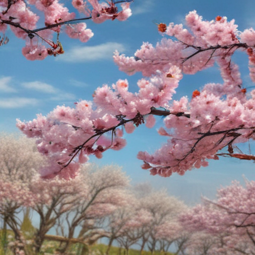 Beautiful Cherry Blossom Trees in Full Bloom Under a Bright Blue Sky