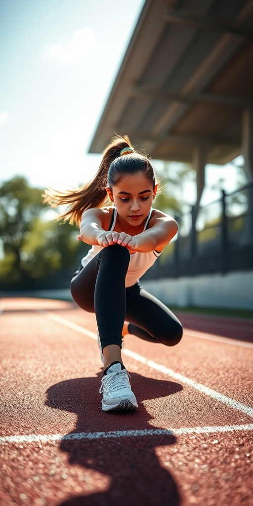 Capture a dynamic action shot of a young female athlete stretching on a ...
