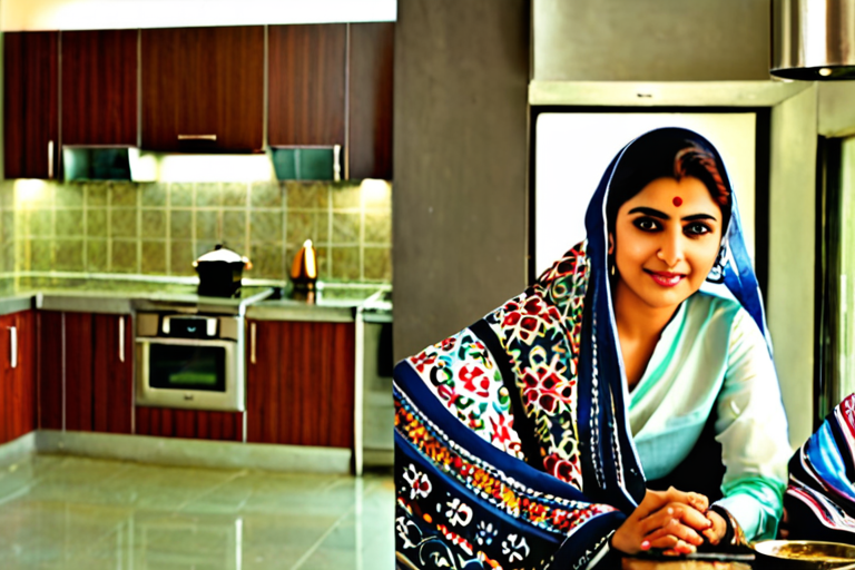 Pakistani women with ajrak in kitchen
