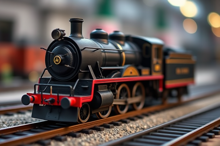 A Classic Steam Locomotive Model on a Beautifully Crafted Train Set Track.