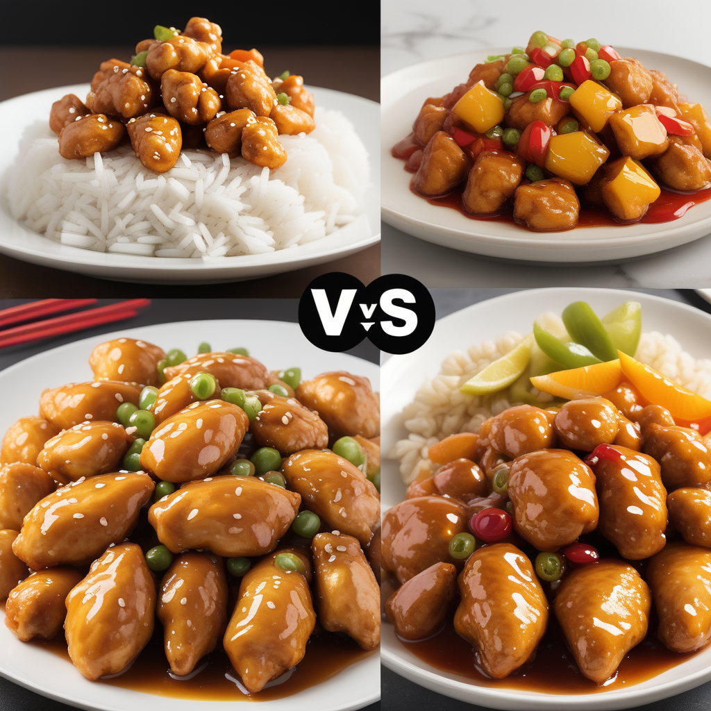 Delicious Comparison of Sweet and Sour Chicken Dishes Over Fluffy Rice