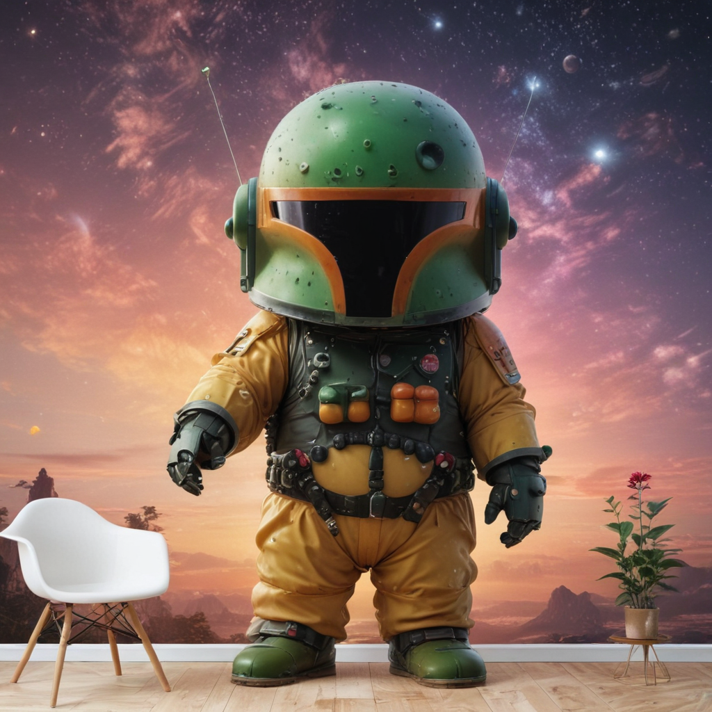 A Whimsical Giant Character in a Space Suit Against a Cosmic Background