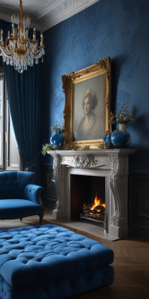 Elegant Blue Living Room Featuring a Classic Portrait and Cozy Fireplace