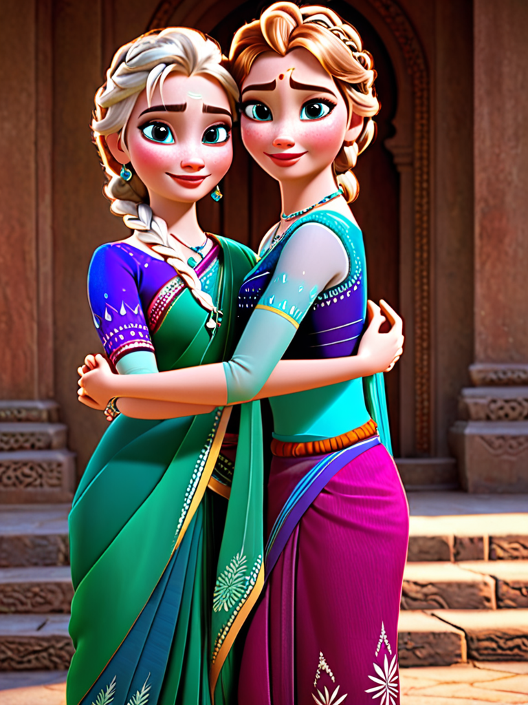 Elsa and Anna together hugs in saree indian 3D Disney