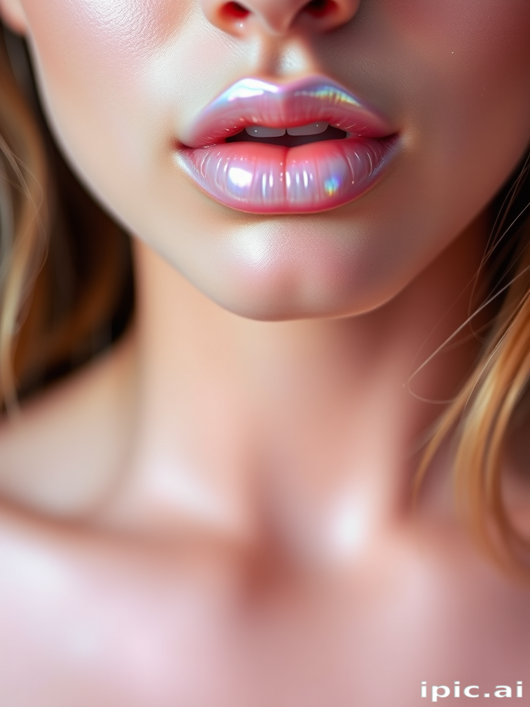 Close-Up of Glossy Lips with Iridescent Shine and Soft Skin Texture