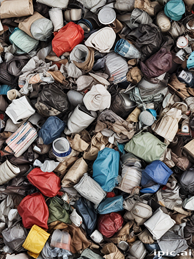 A Colorful Overhead View of Discarded Plastic Waste and Textiles.