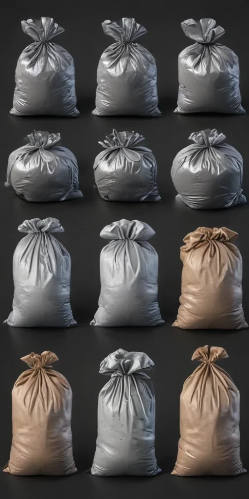 Collection of Various Trash Bags in Different Colors and Textures Displayed