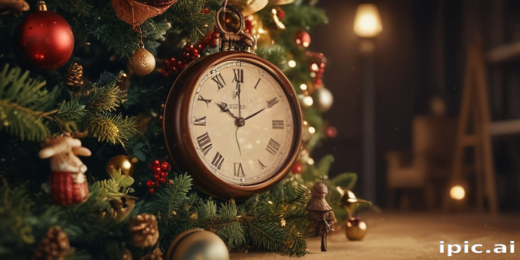 Festive Clock Adorned with Ornaments Nestled Amongst the Christmas Tree