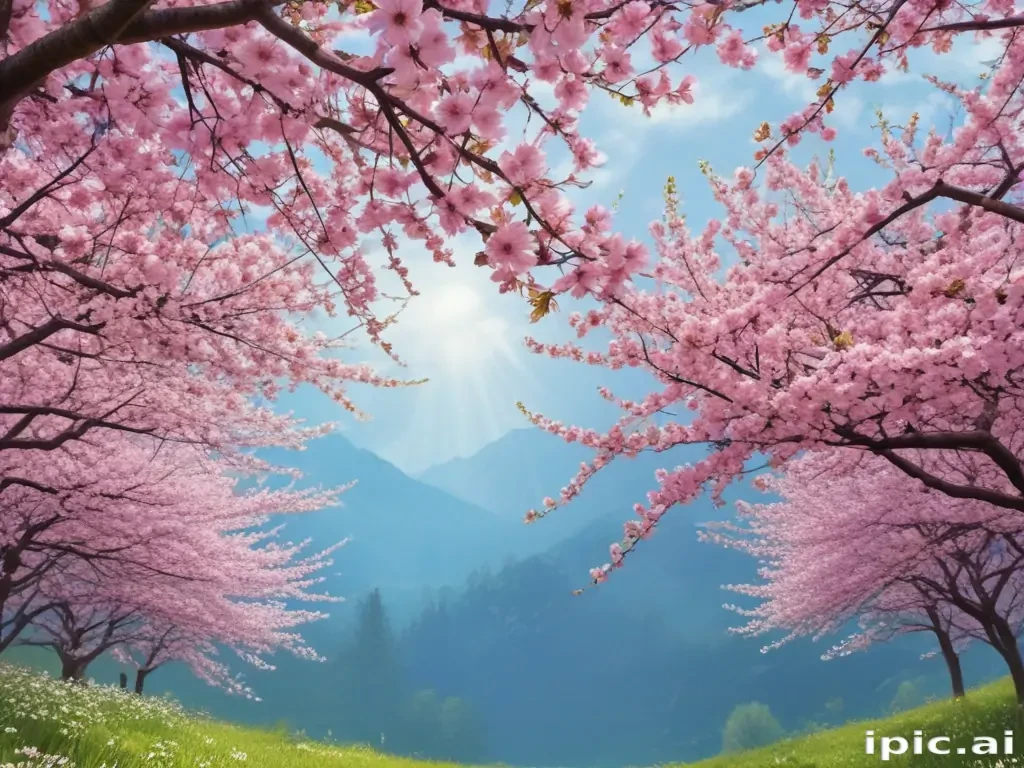 A Serene Spring Landscape with Blossoming Cherry Trees and Majestic ...