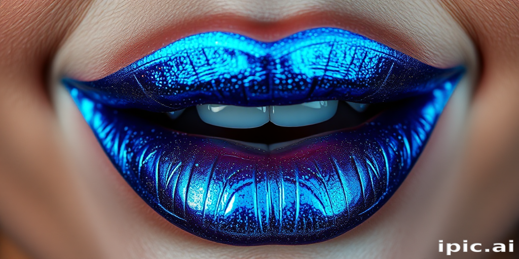 Vibrant Blue Metallic Lips with Glossy Finish and Captivating Shine
