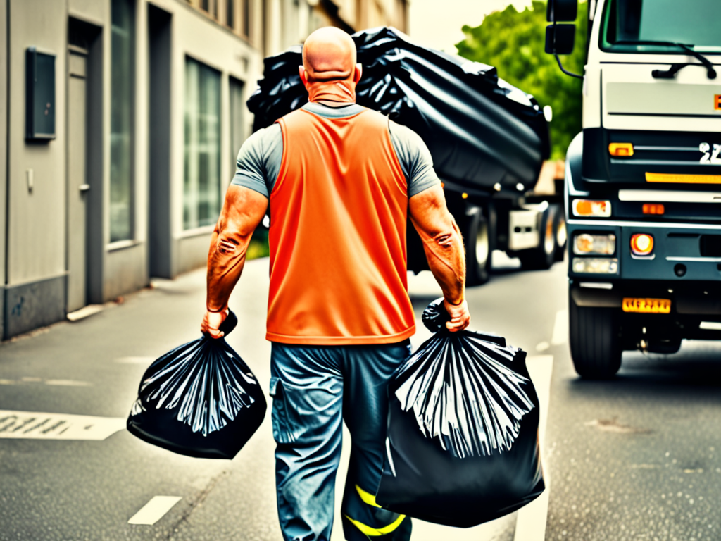 realistic handsome bald older muscular garbagemen from behind carrying ...