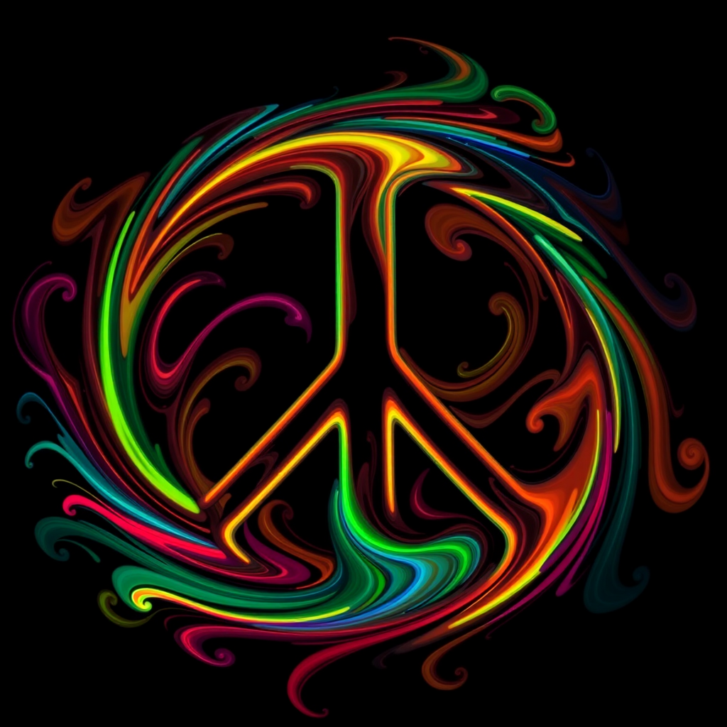 Vibrant Swirls of Color Encircling a Classic Peace Symbol Design