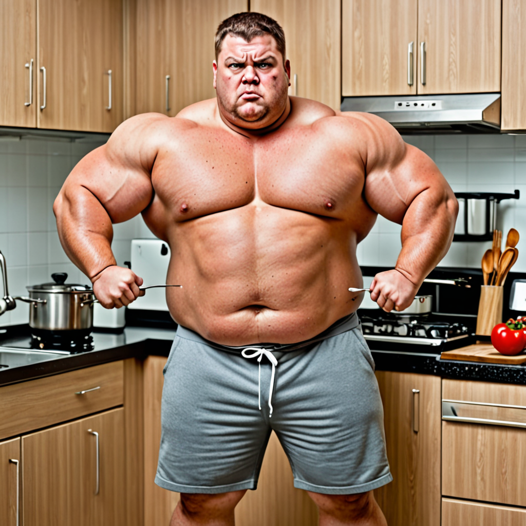 huge muscular overweight man cooking, angry eyes, fullbody