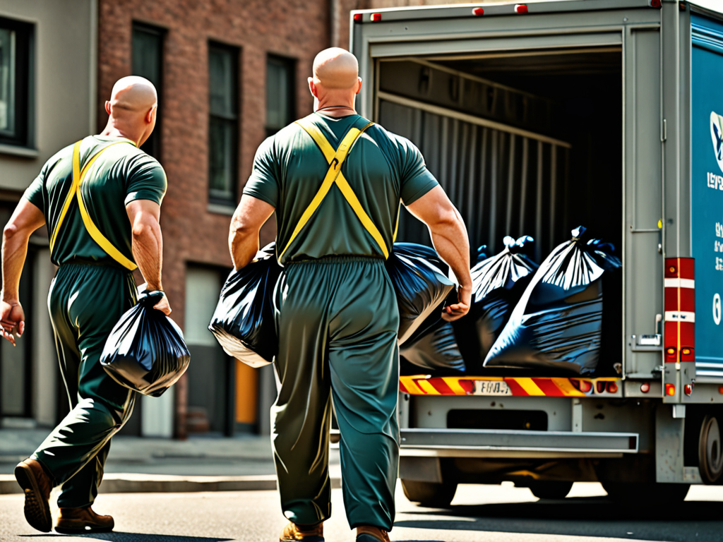 realistic handsome bald muscular garbagemen from behind carrying brown ...
