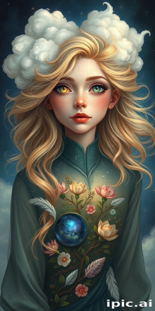 Enchanting Portrait of a Young Woman Surrounded by Celestial Elements ...