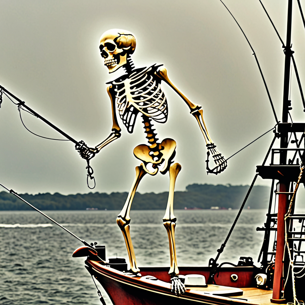 skeleton fisherman on a ship in the grateful dead style