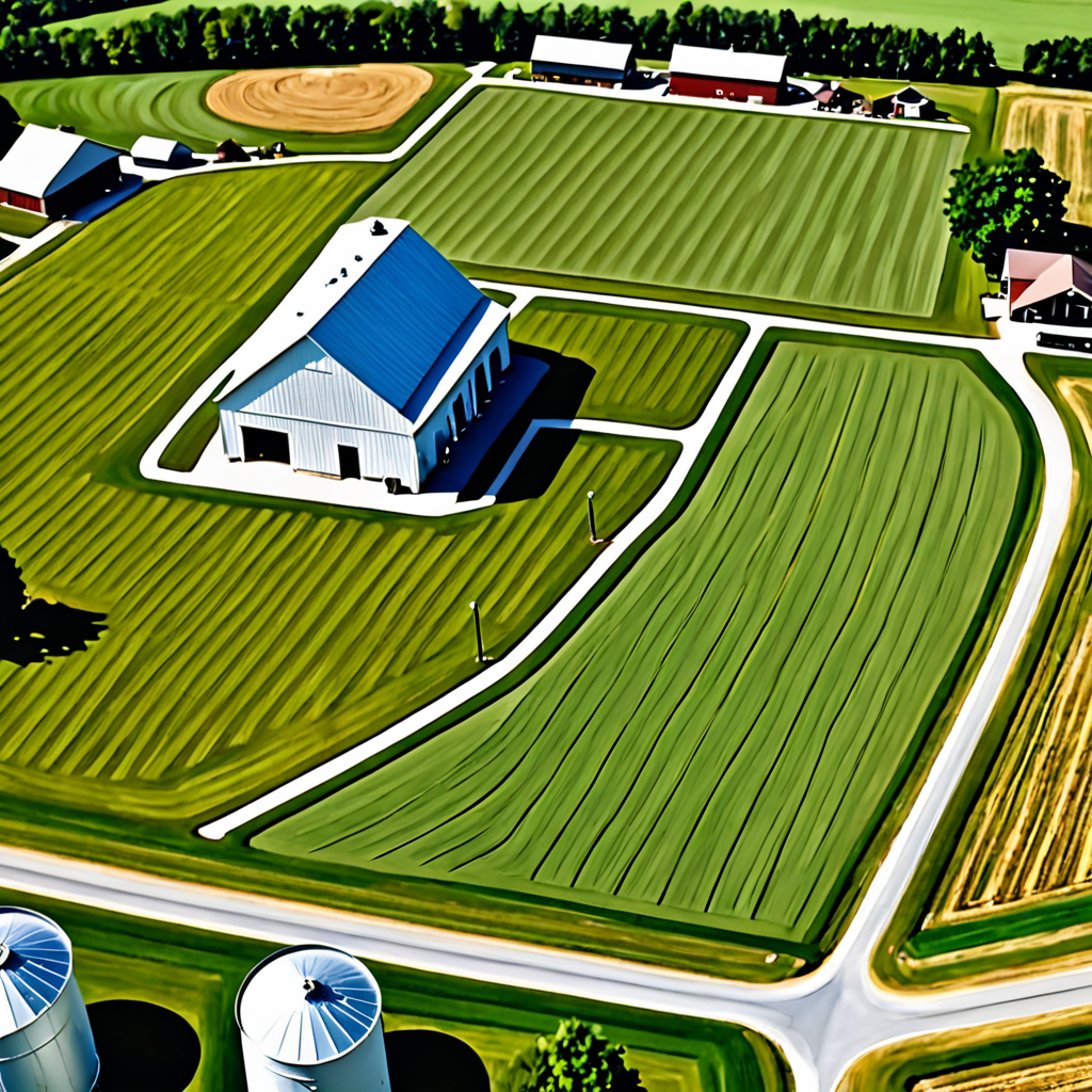 farm, birds eye view, barn, house, open area, silo, house