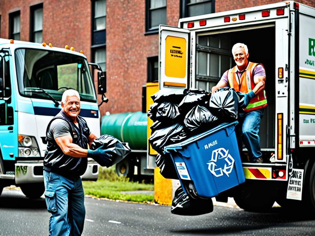 2 realistic older handsome muscular garbagemen from behind throwing ...