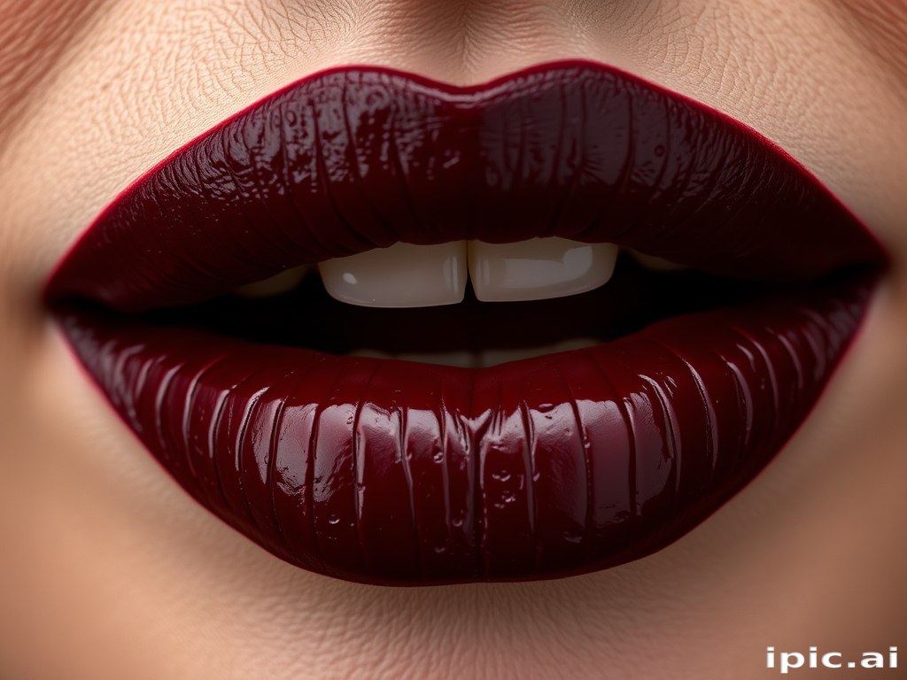 Close-Up of Glossy Deep Red Lips with a Luscious Shine Effect