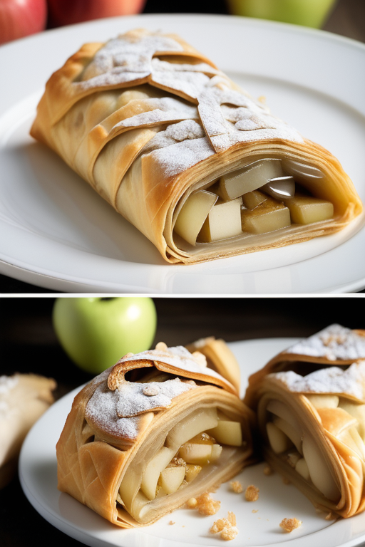 Delicious Homemade Apple Strudel with Flaky Pastry and Sweet Filling.