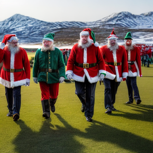 santa exercising with elves and reindeer in north pole