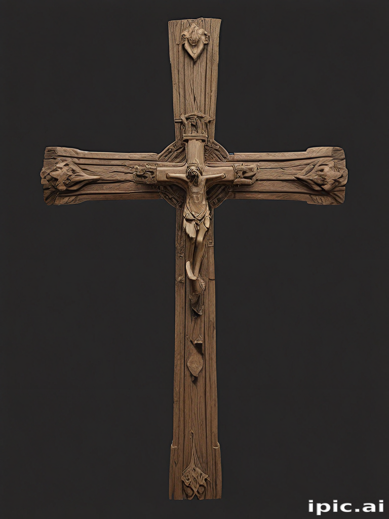 A Detailed Wooden Cross Featuring a Crucifixion Carving in Relief.