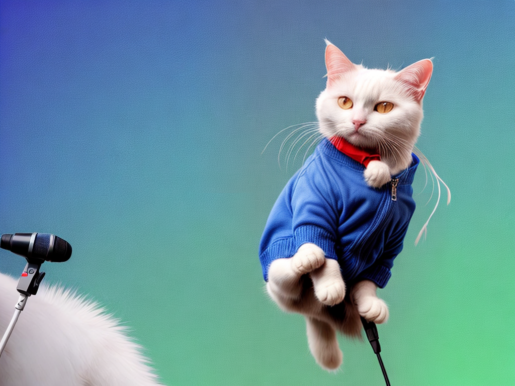 white cat in a shiny jacket singing into a microphone on a stage