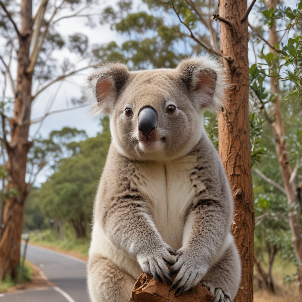 a very busy road with a koala sitting in a tree