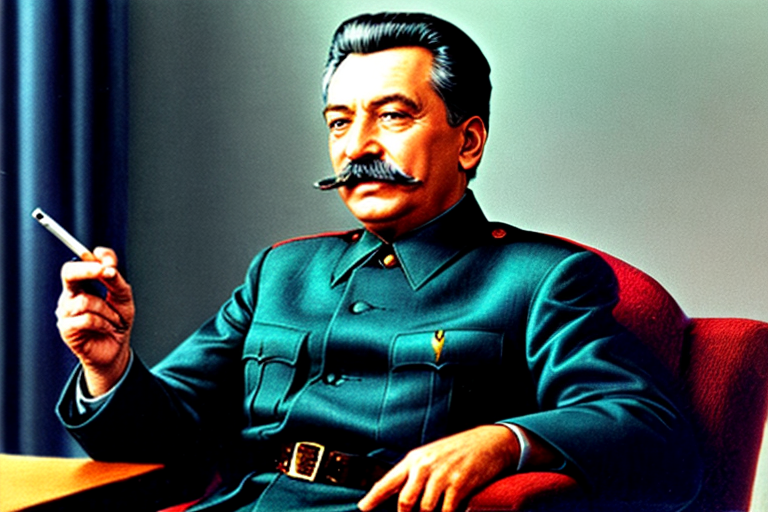 stalin holding a smoking pipe reading an ipad