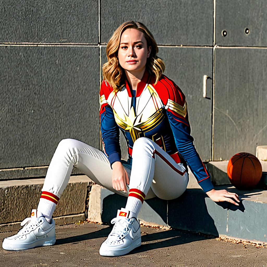 Brie Larson Carol Danvers sitting in her Captain Marvel Costume, White ...