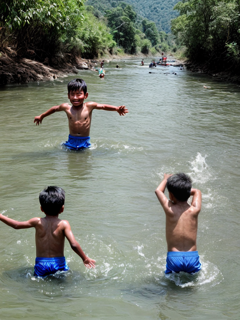 Nepali kids swim in local river