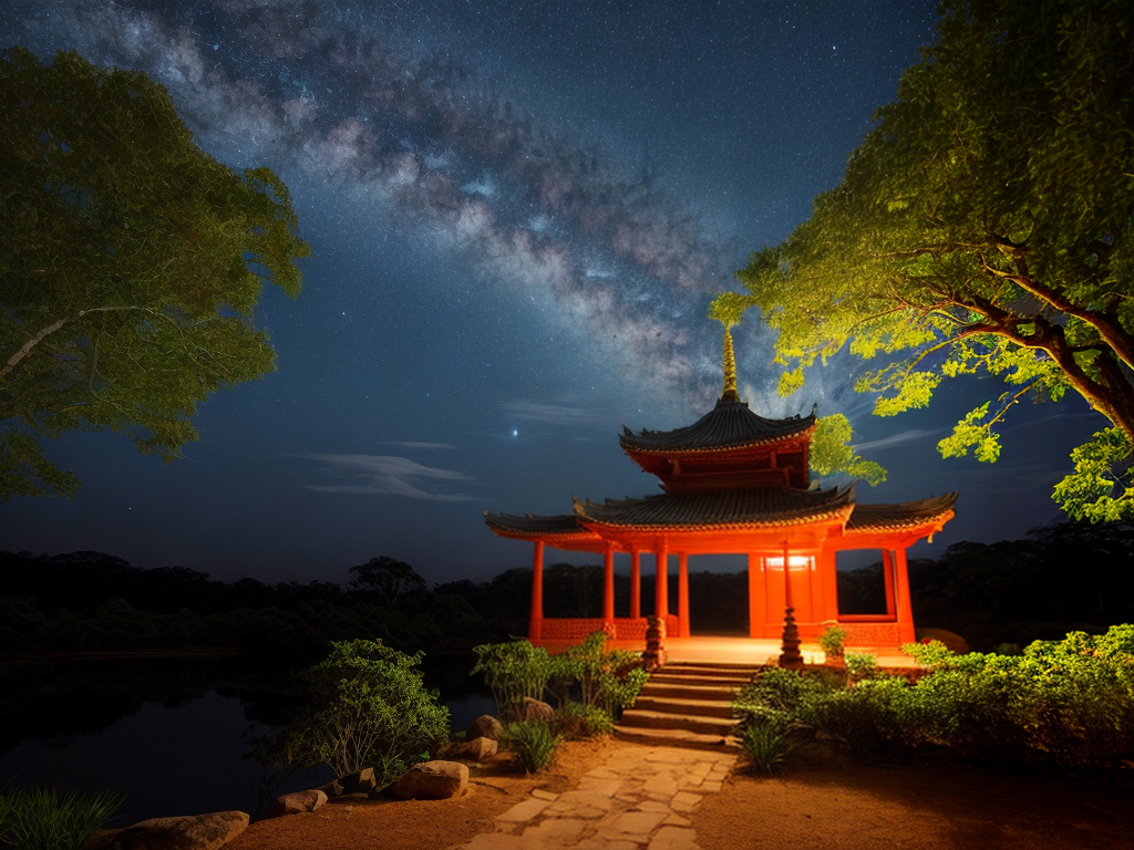 An indian temple in forest at night