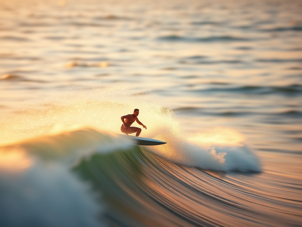 Surfer Riding a Majestic Wave at Sunset with Golden Light Reflections