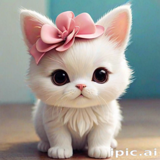 Adorable White Kitten with Big Eyes and a Cute Pink Bow.