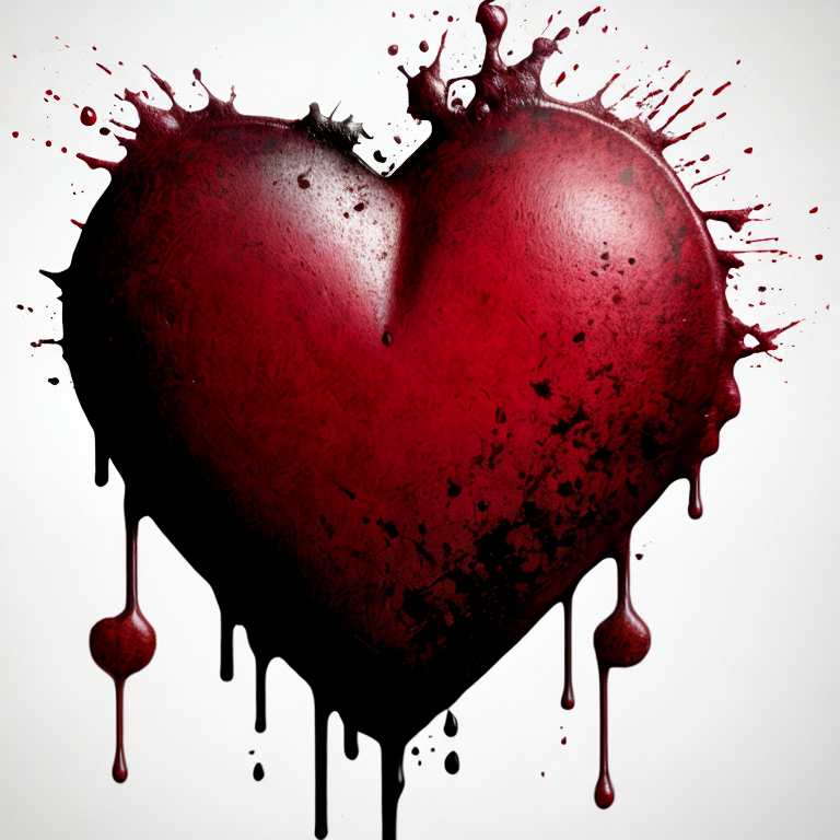 A heart with a drop of blood dripping off it.