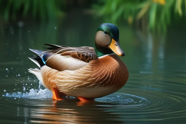 A Majestic Mallard Duck Gliding Gracefully Across a Serene Pond Surface.