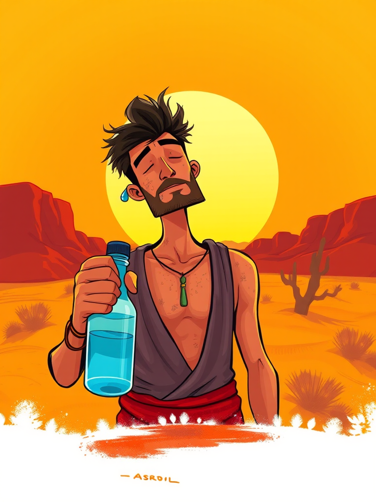 Thirsty Traveler in a Desert Landscape Under the Blazing Sun