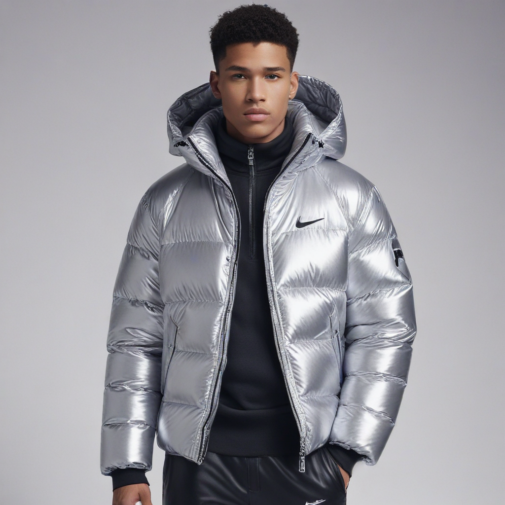 Male supermodel nike shiny puffer jacket bling jewellery hood